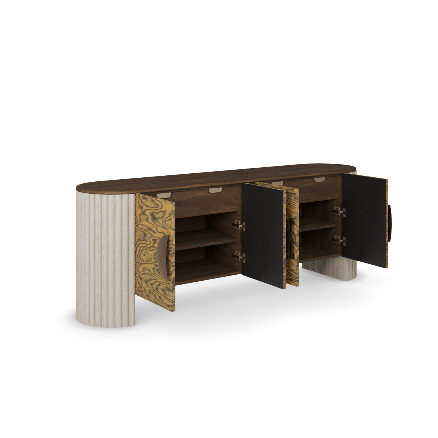 Cagli Sideboard – Walnut, Olive Ash Burl, and Travertine